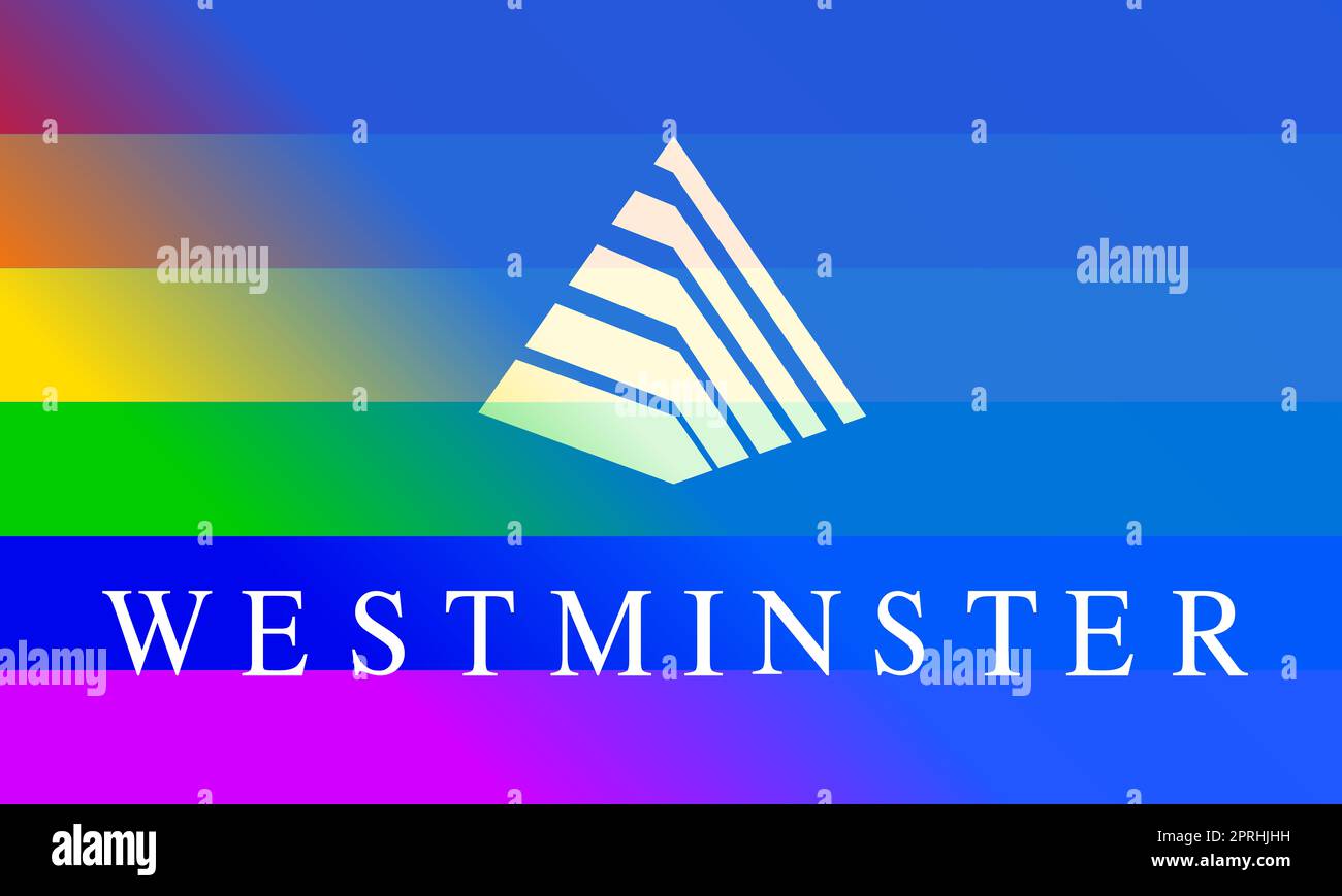 The flag of the city of Westminster in Colorado USA set with an LGBT ...