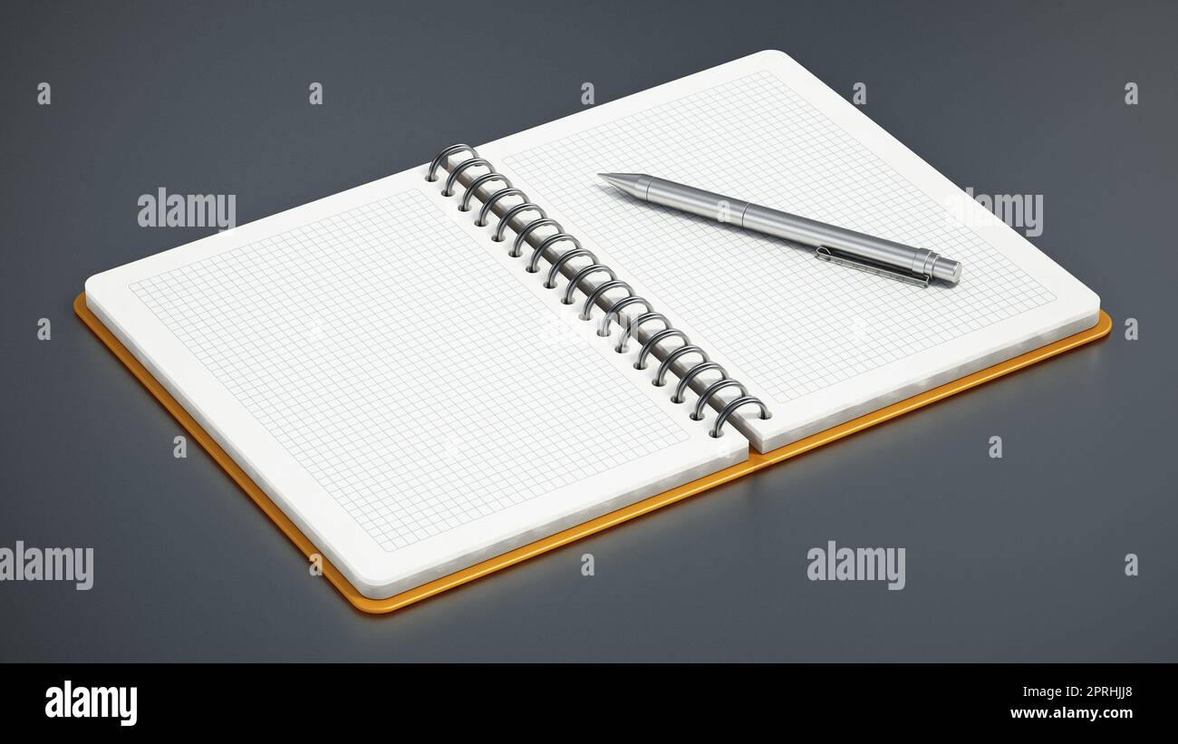 Spiral notepad with blank pages and ball point pen. 3D illustration ...