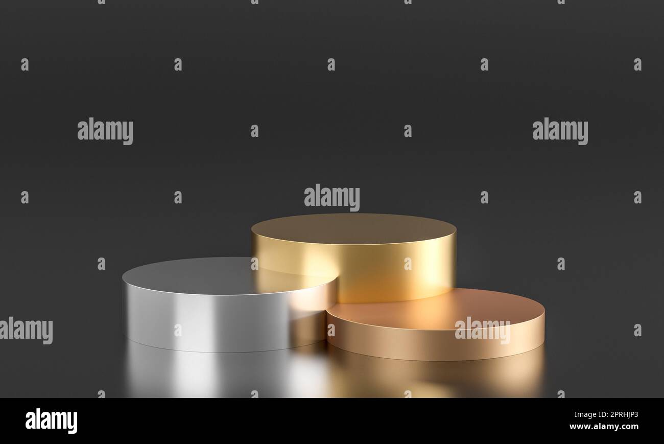 metallic podiums in gold, bronze, silver on a black background. 3d ...