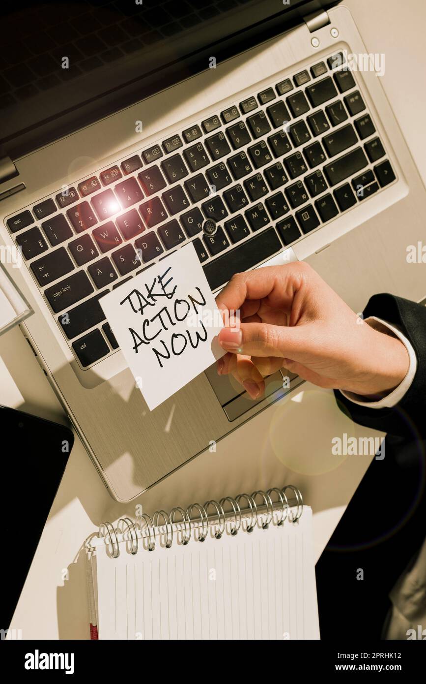 Text showing inspiration Take Action Now. Business concept asking ...