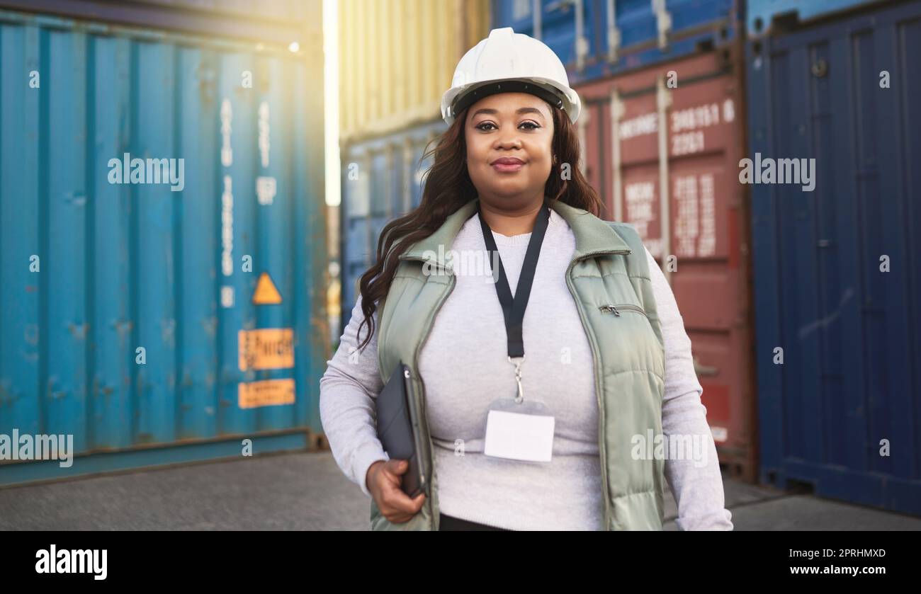 Shipping worker and portrait of black woman at cargo freight containers with tablet for ...