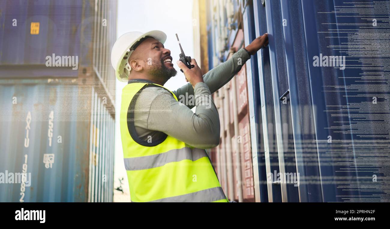Shipping, container and logistics manager with a radio talking ...