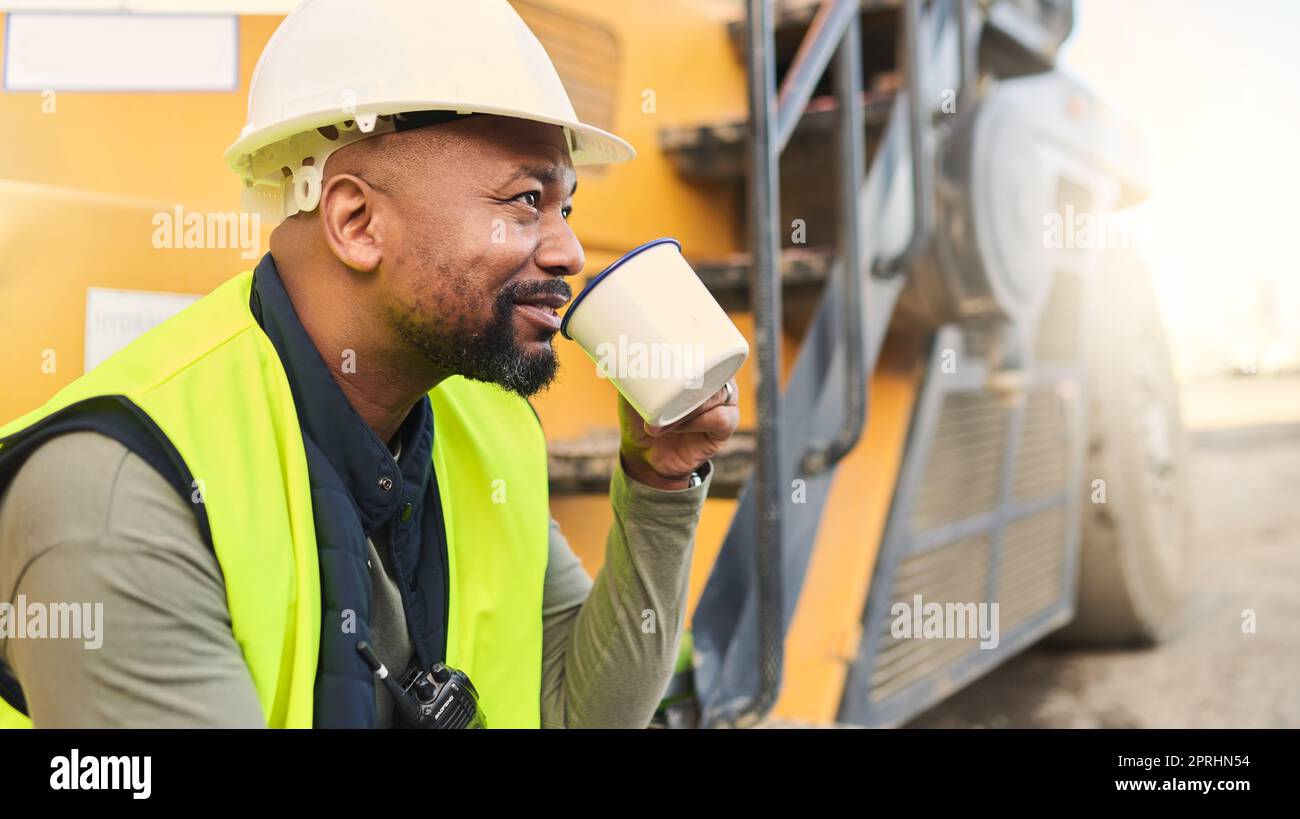 Coffee, engineer and construction worker relax on break at construction ...