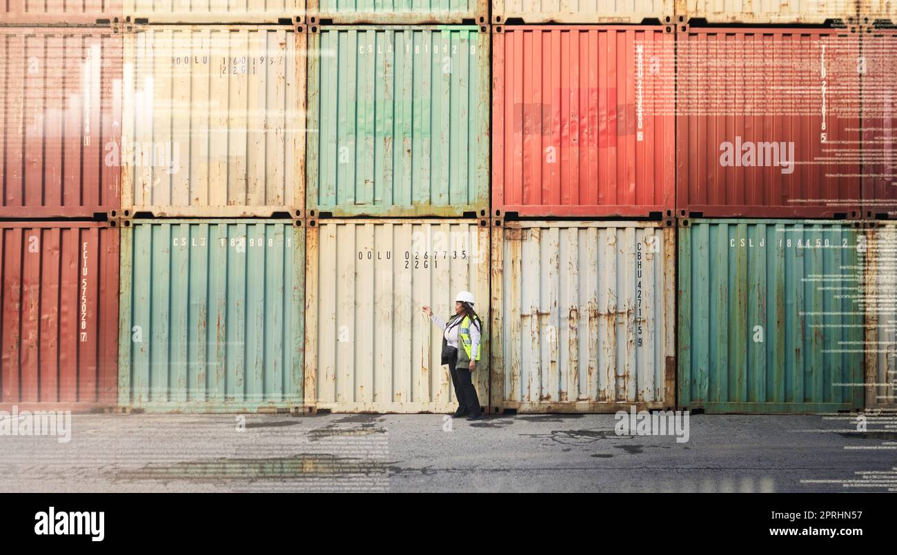 Shipping container cargo engineer black woman check distribution supply ...