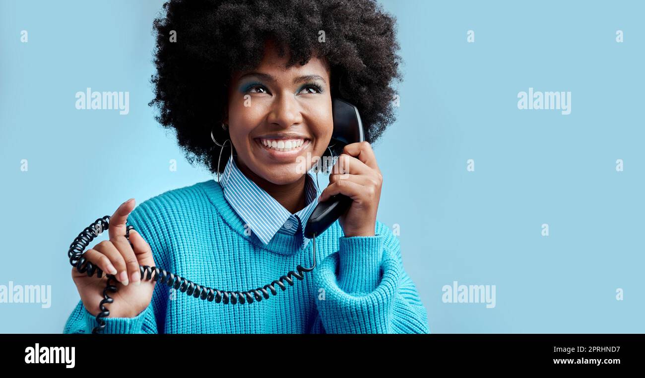 Telecom landline, phone or black woman talking, communication on blue ...
