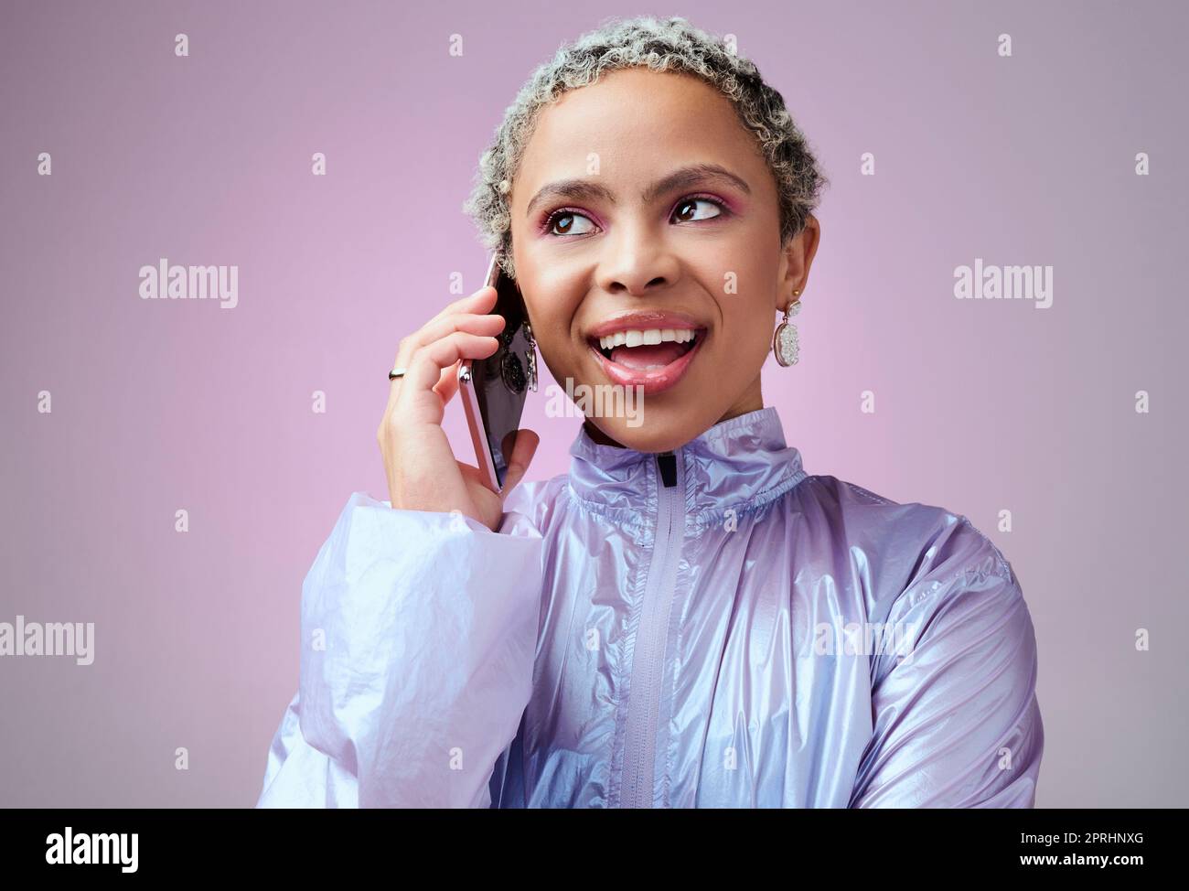 Happy black woman with phone call, fashion and talking against a mockup purple studio background ...