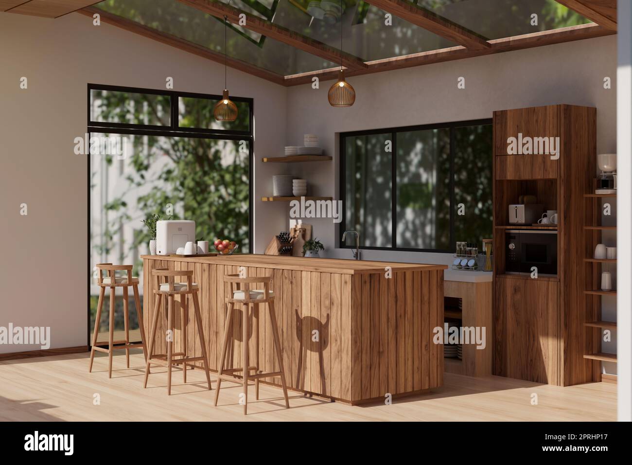 Interior design of a beautiful contemporary wooden kitchen with wooden ...