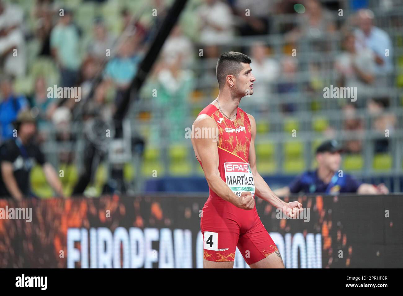 Asier Martínez celebrating his victory in the 110 meter hurdles at the 2022 European Athletics ...