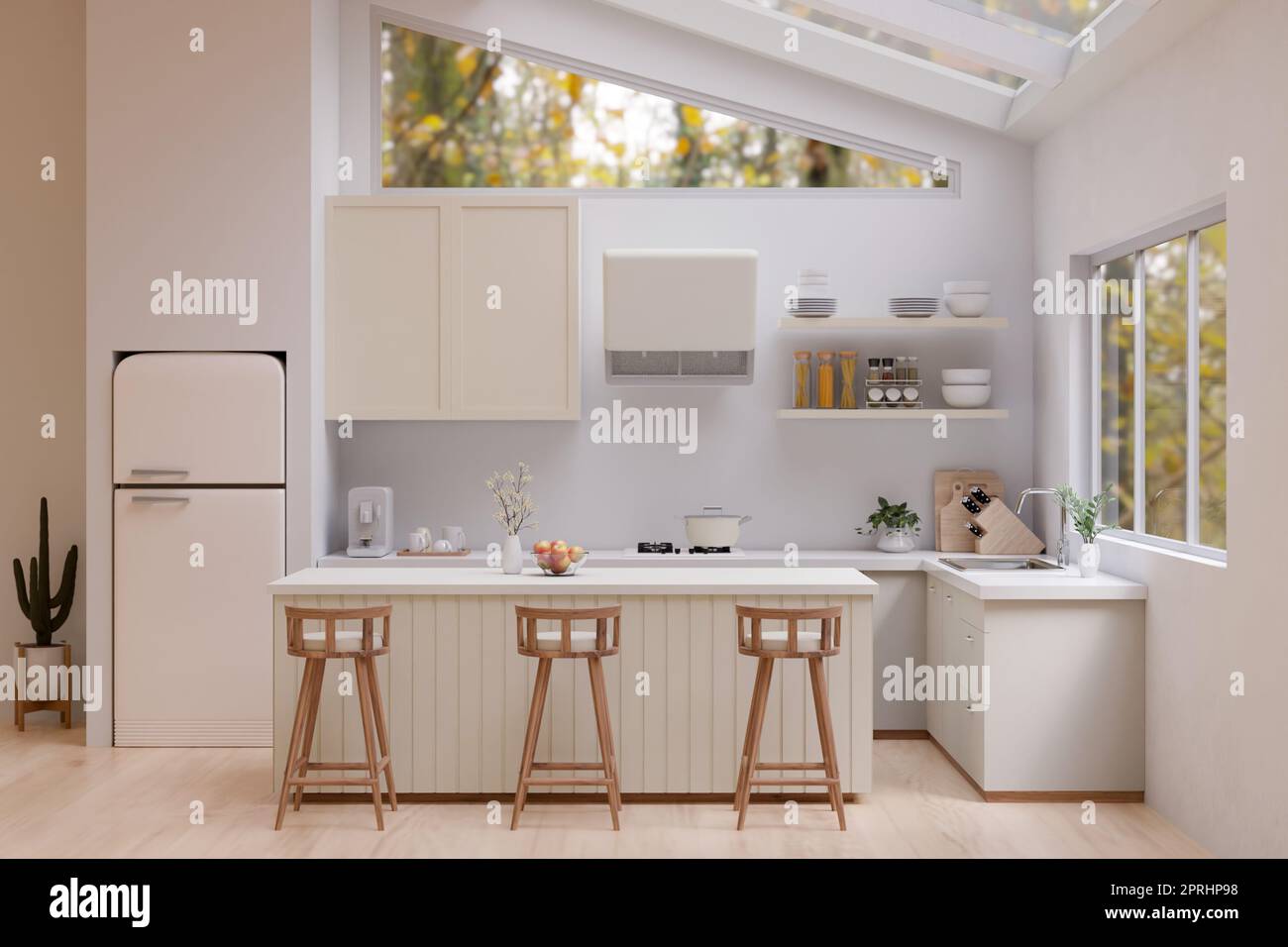 Interior design of a modern white kitchen with white kitchen counter ...