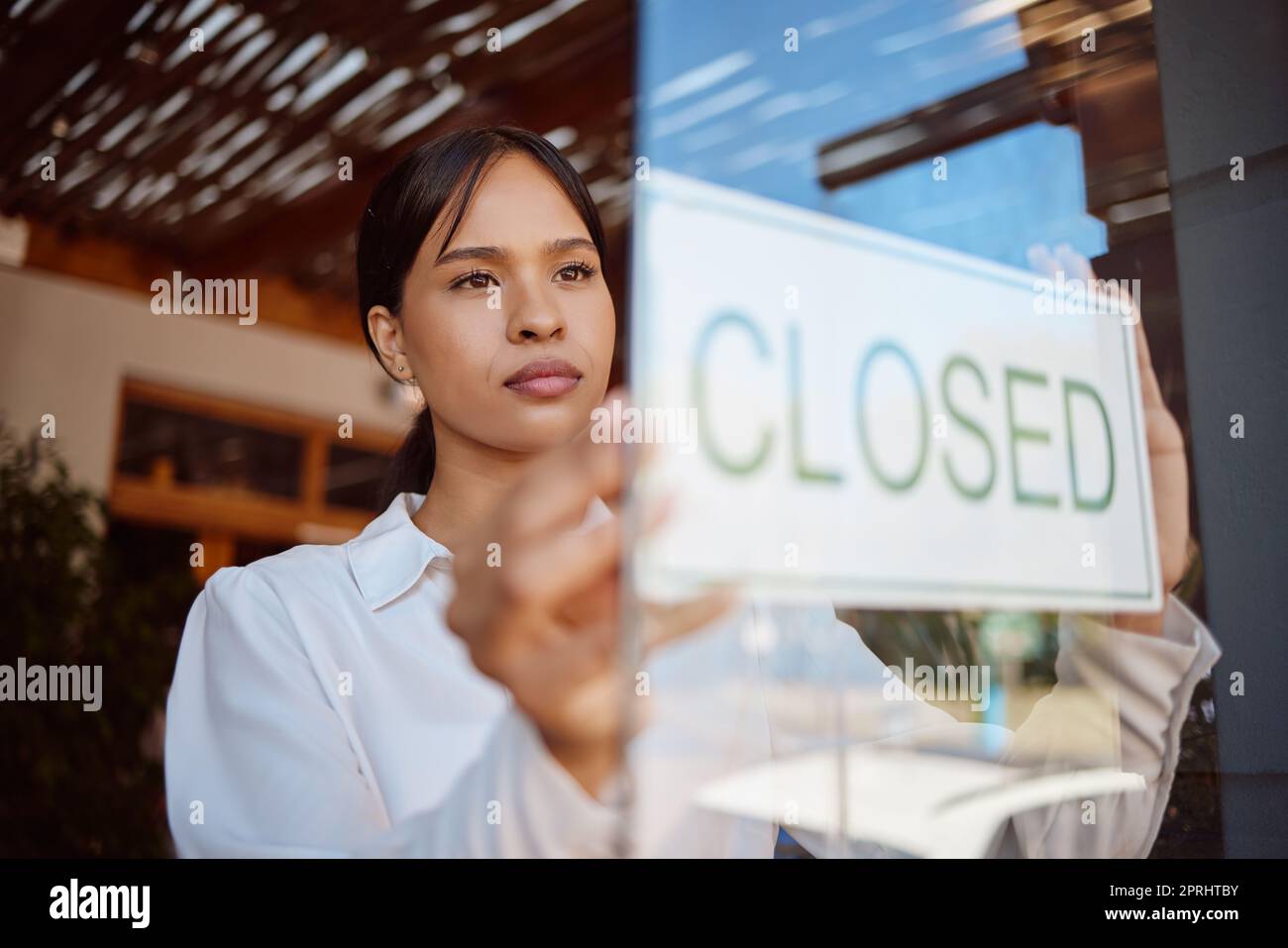 Restaurant small business, closed sign and waiter woman at local coffee ...
