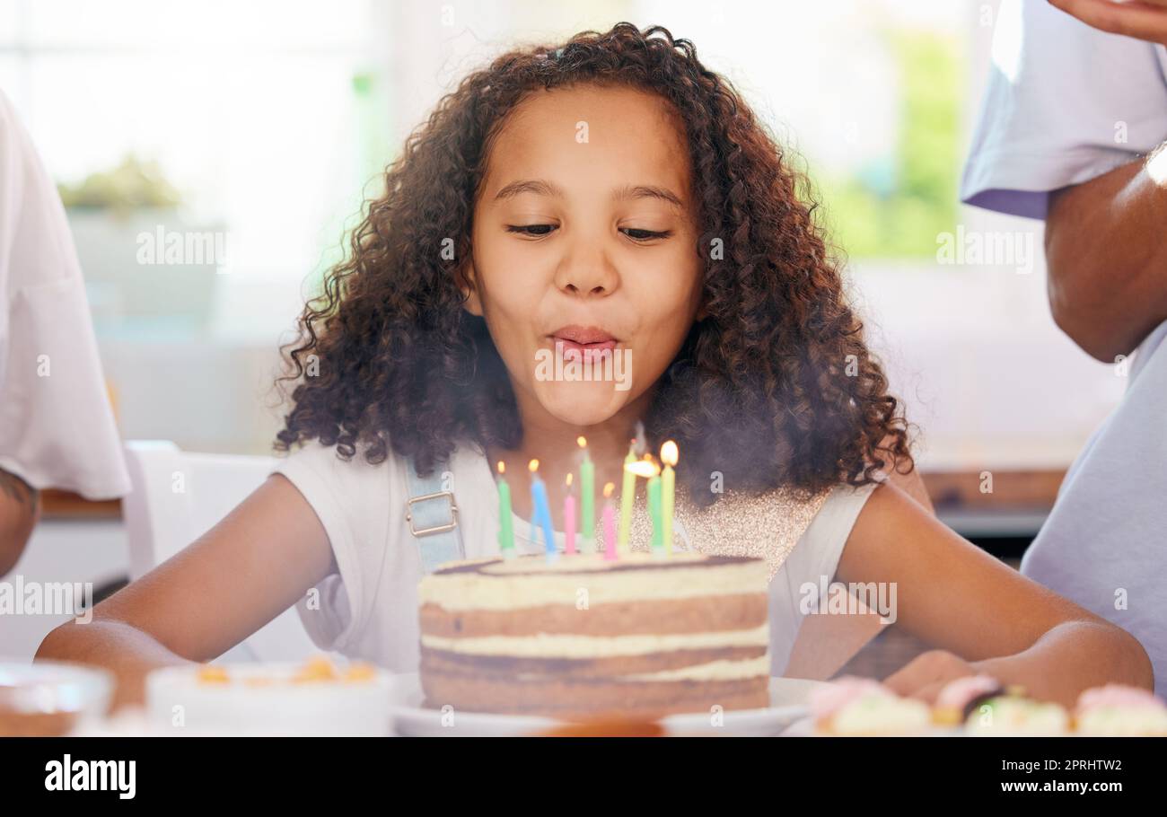 Birthday, kid and cake candles celebration of a girl from Atlanta at a ...
