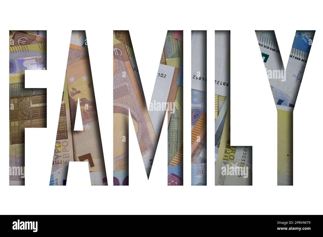 Family word with money. Paper currency background with different ...
