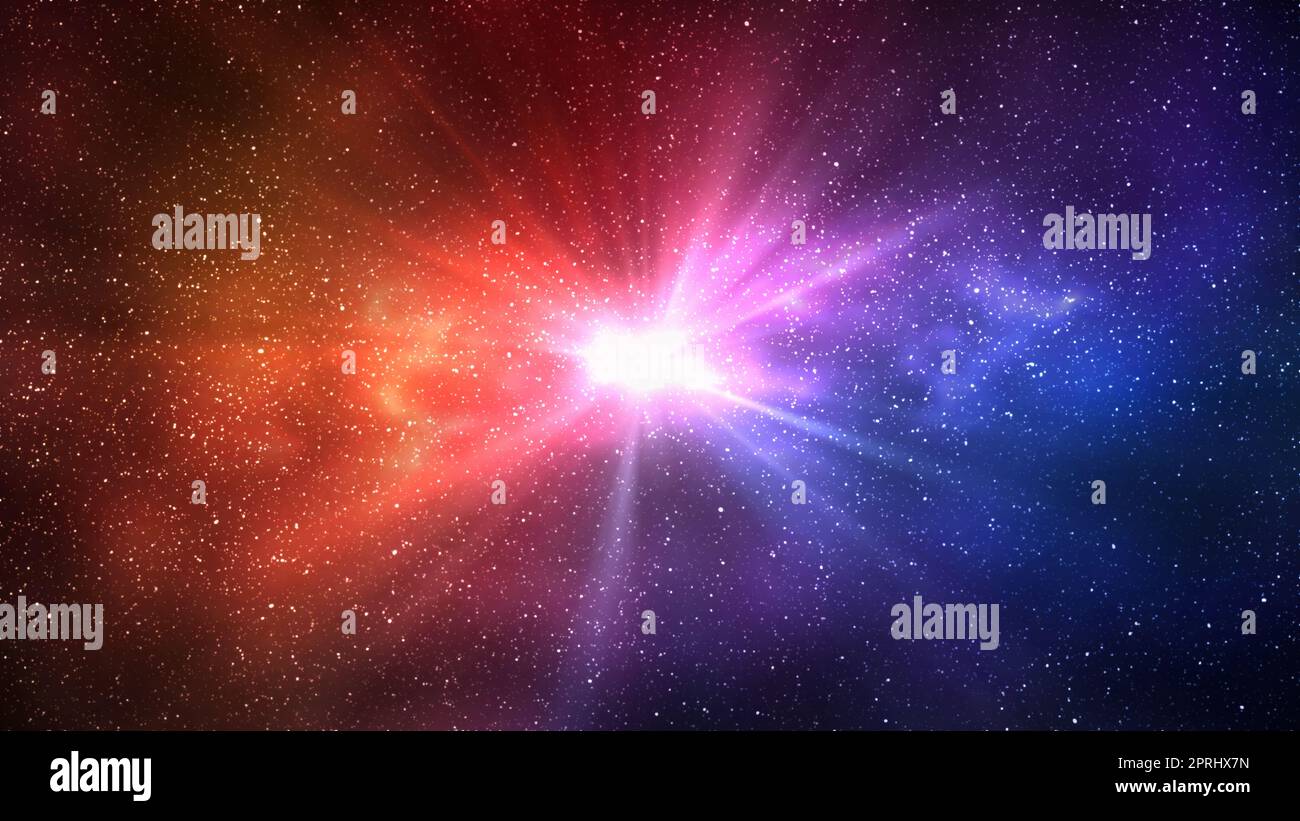 Burst of light in space. Night starry sky and bright blue red galaxy ...
