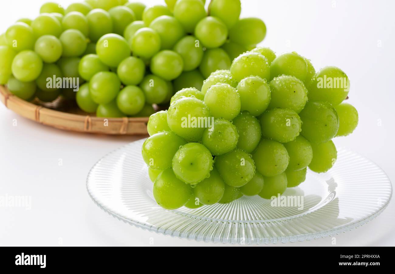 Shine Muscat with water droplets placed on glass plate with white ...