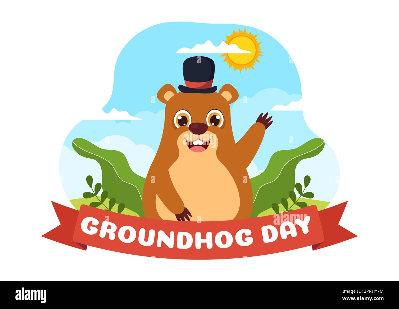 Happy Groundhog Day on February 2 with Cute Marmot Character and Garden ...
