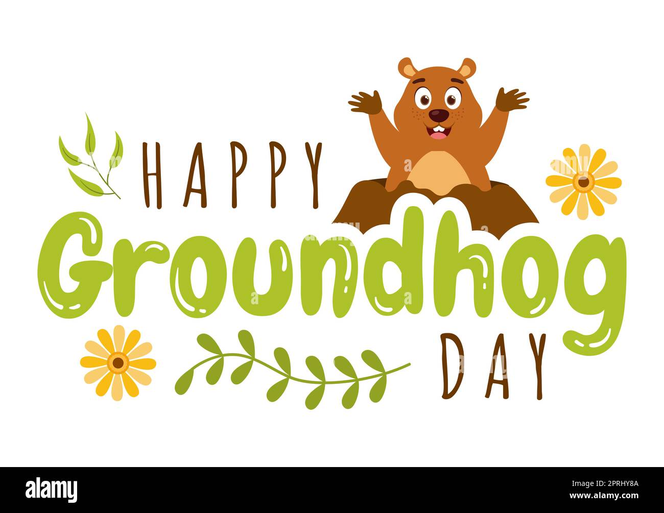 Happy Groundhog Day on February 2 with Cute Marmot Character and Garden ...