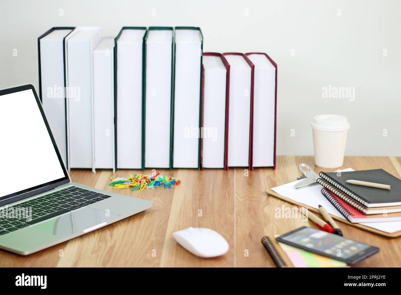 Workspace with office equipments on wood desk work background Stock ...