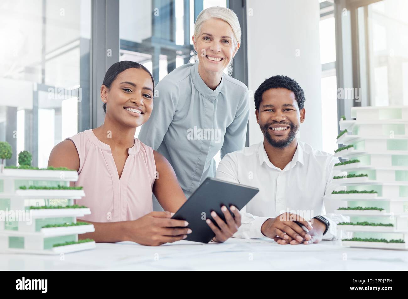 Architecture team, digital tablet and office diversity with floor plan ...
