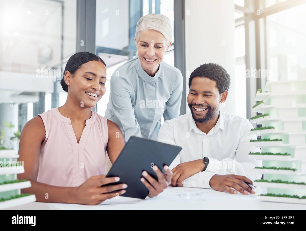 Architecture team, digital tablet and consulting online floor plan ...