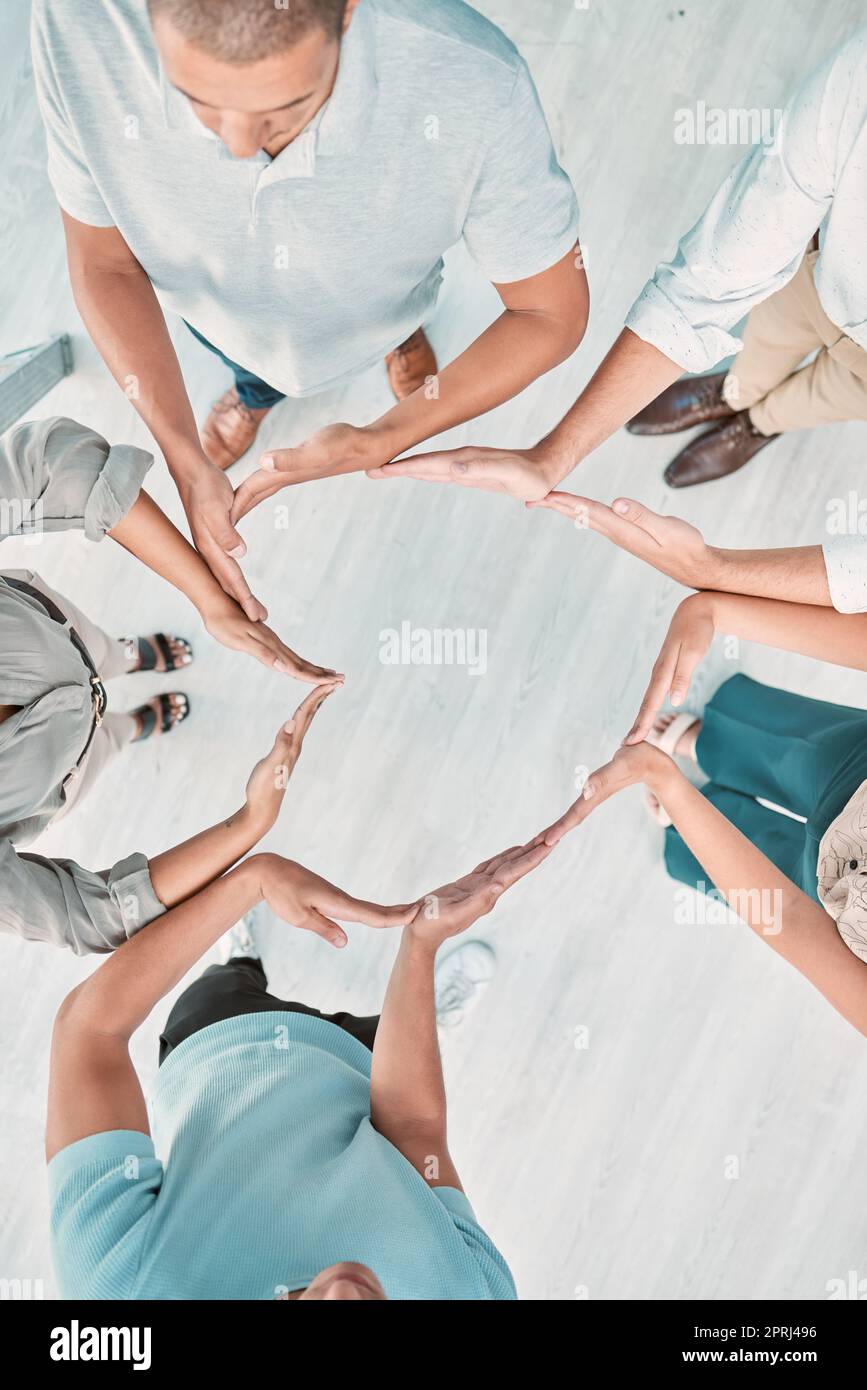 Support, group and heart hand with top view for company solidarity ...