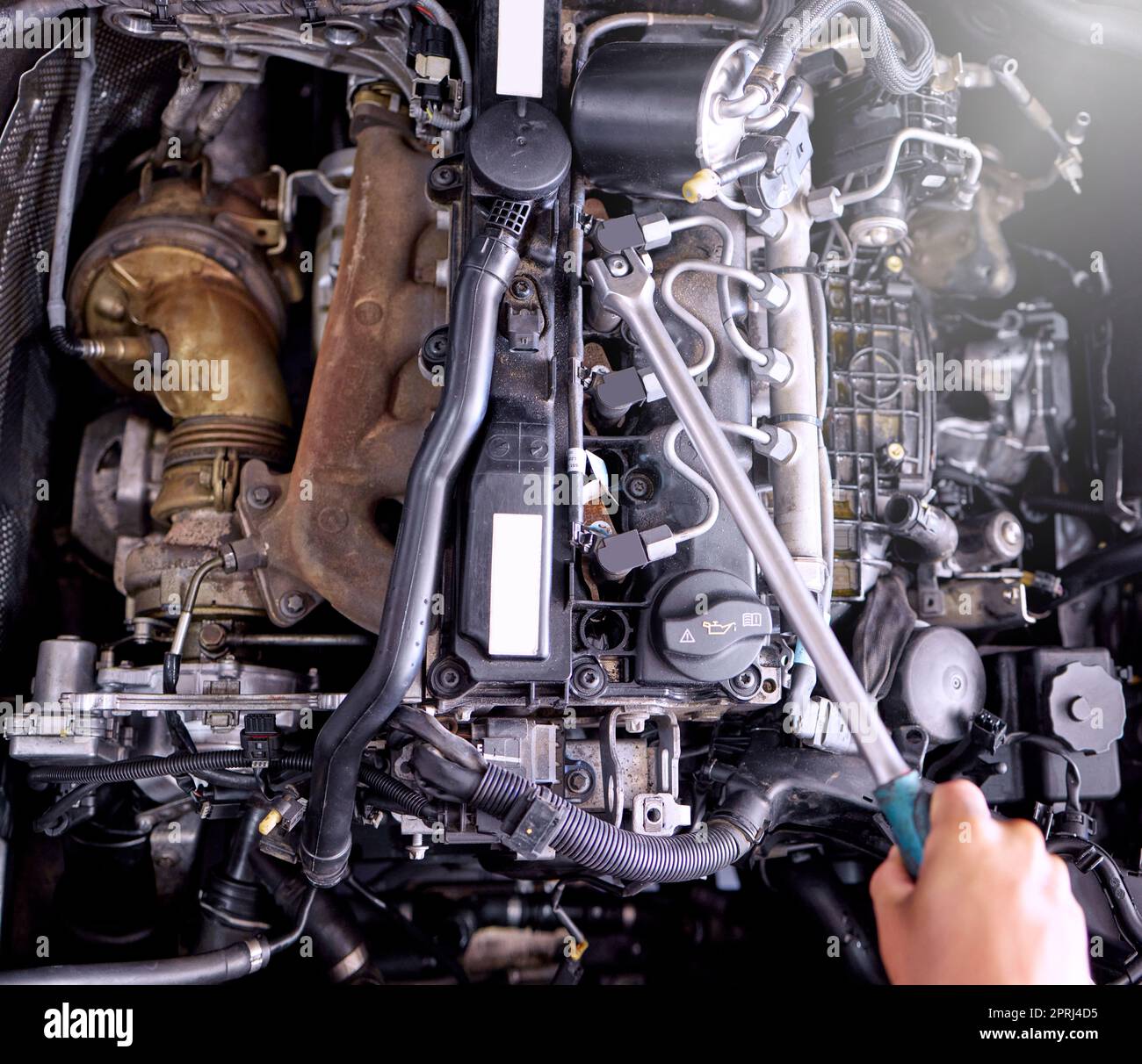 Car engine in garage, mechanic hands working on auto repair service and ...