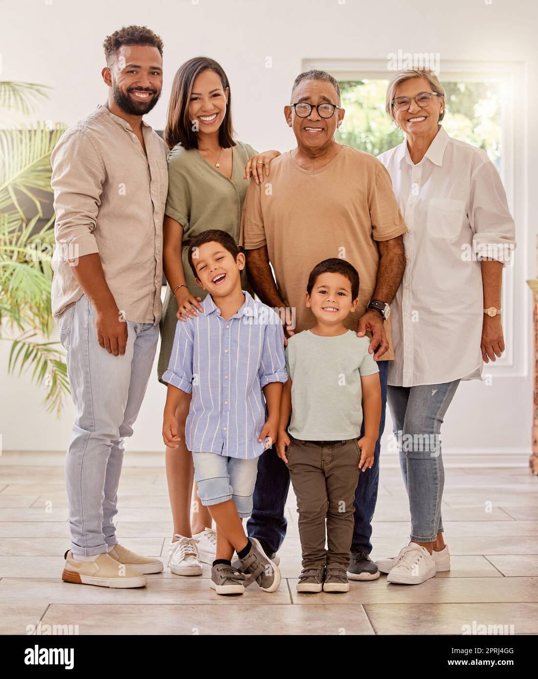 Happy family portrait with kids, parents and grandparents with smile ...