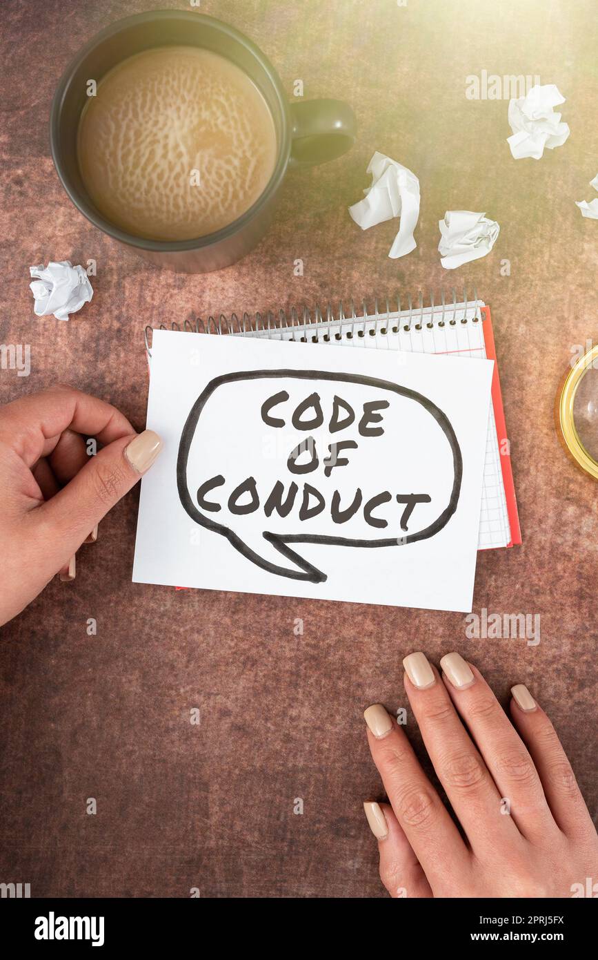 Handwriting text Code Of Conduct, Word for set of principles are ethics ...