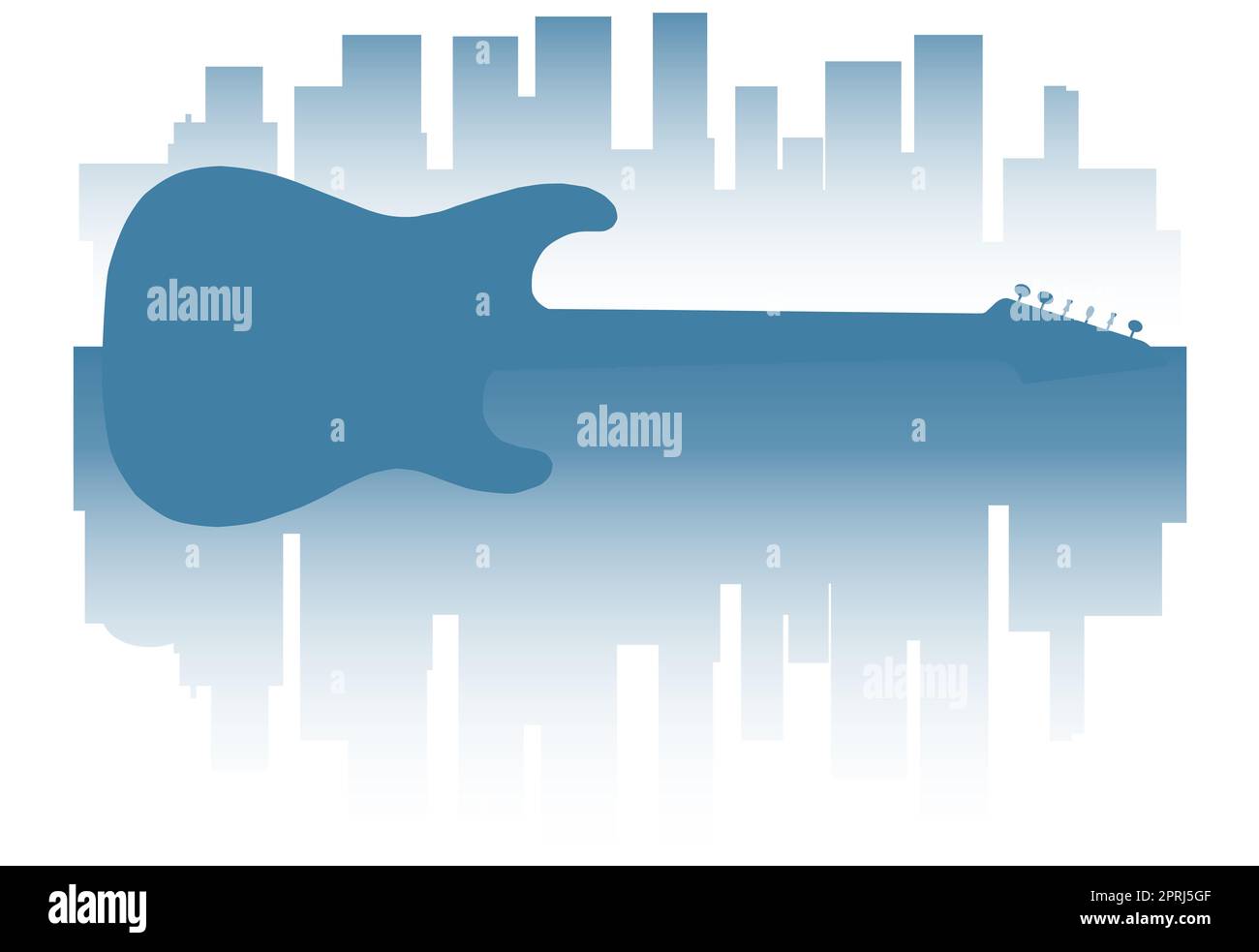 A blue faded cityscape with a solid body electric guitar as a faded ...