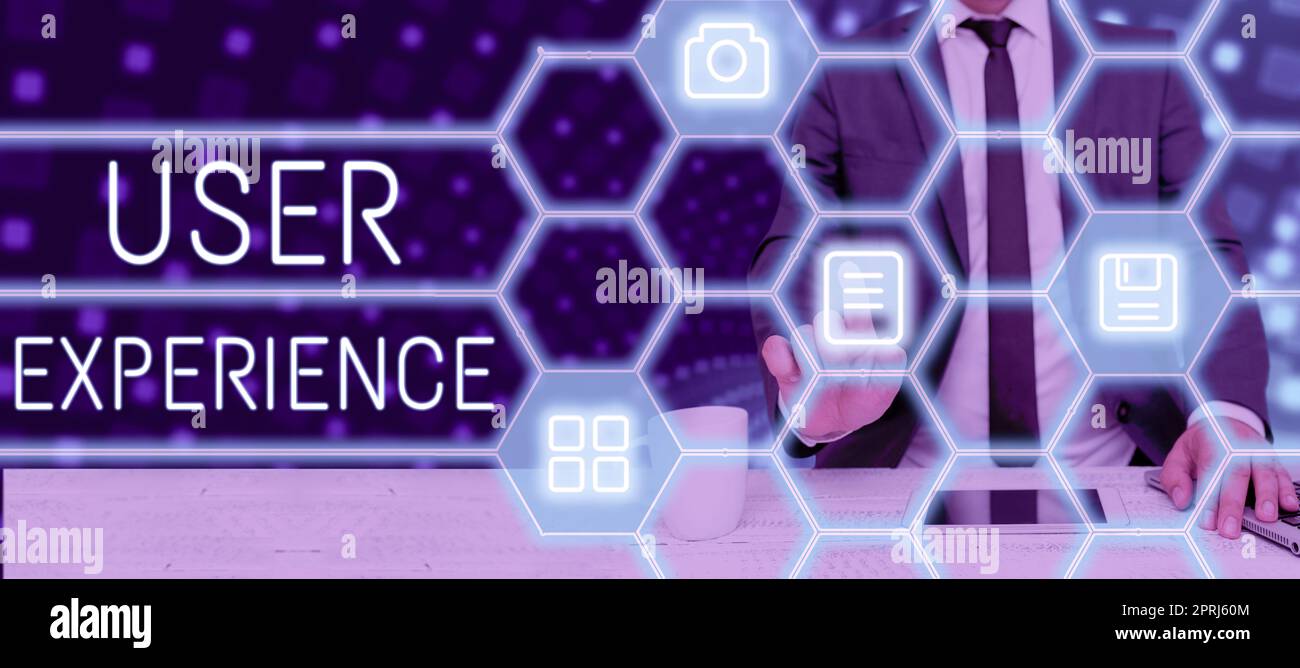 Text caption presenting User Experience, Word Written on how a person reacts and feels after ...