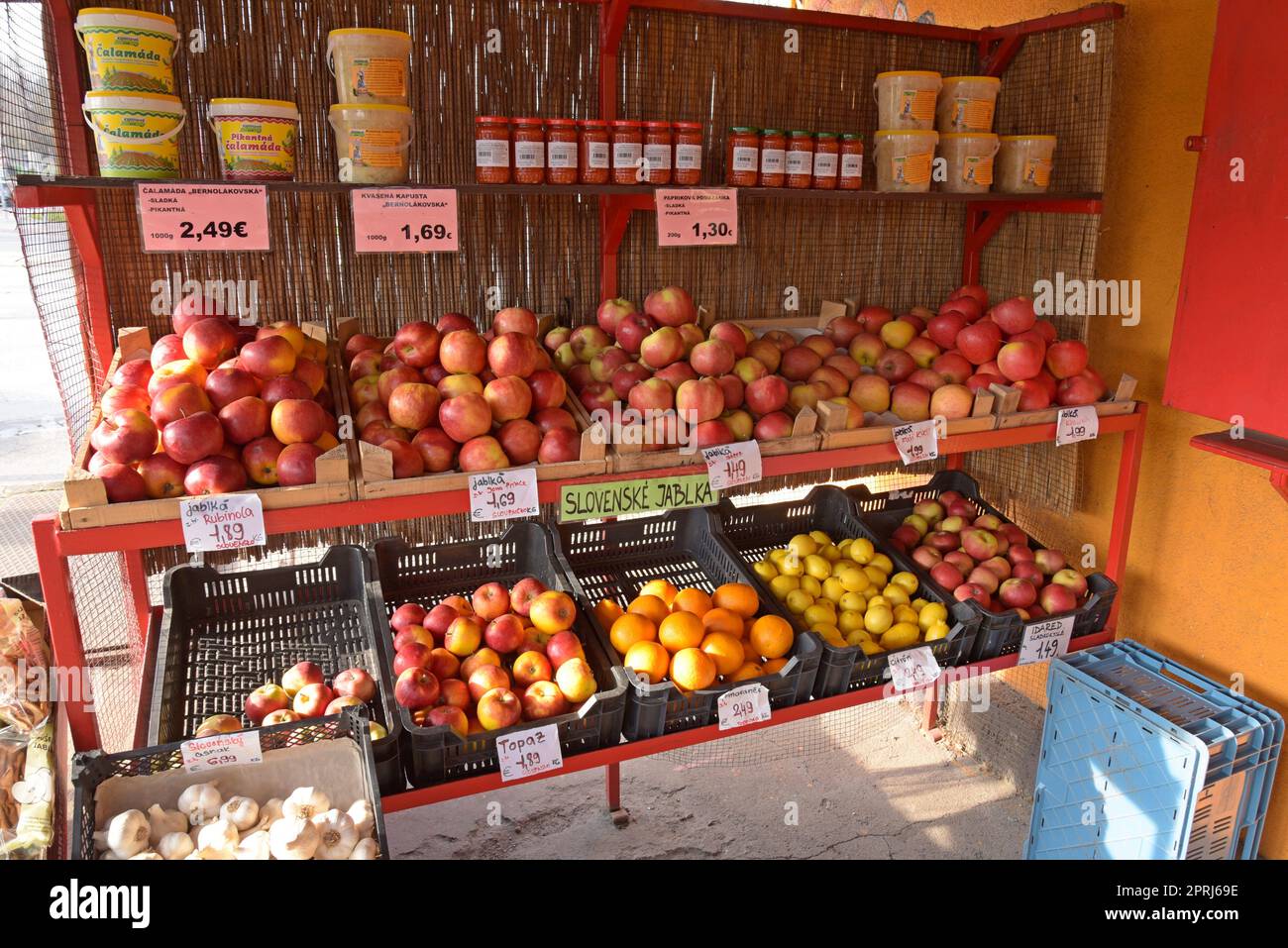 A roadside market stall in Bratislava, Slovakia, selling fresh farm ...