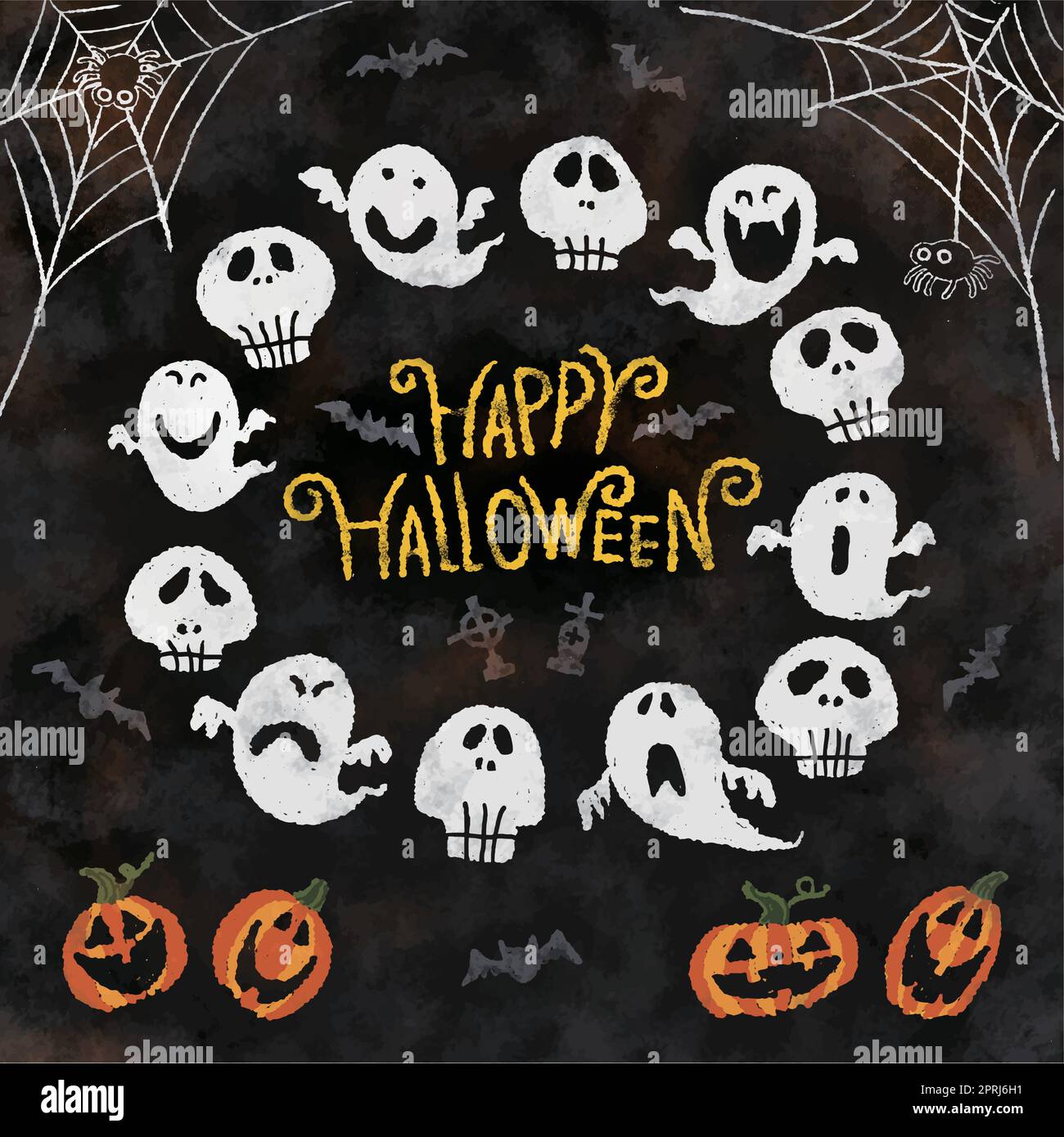 Hand-drawn Halloween illustrations of cute ghosts, skulls and pumpkins ...