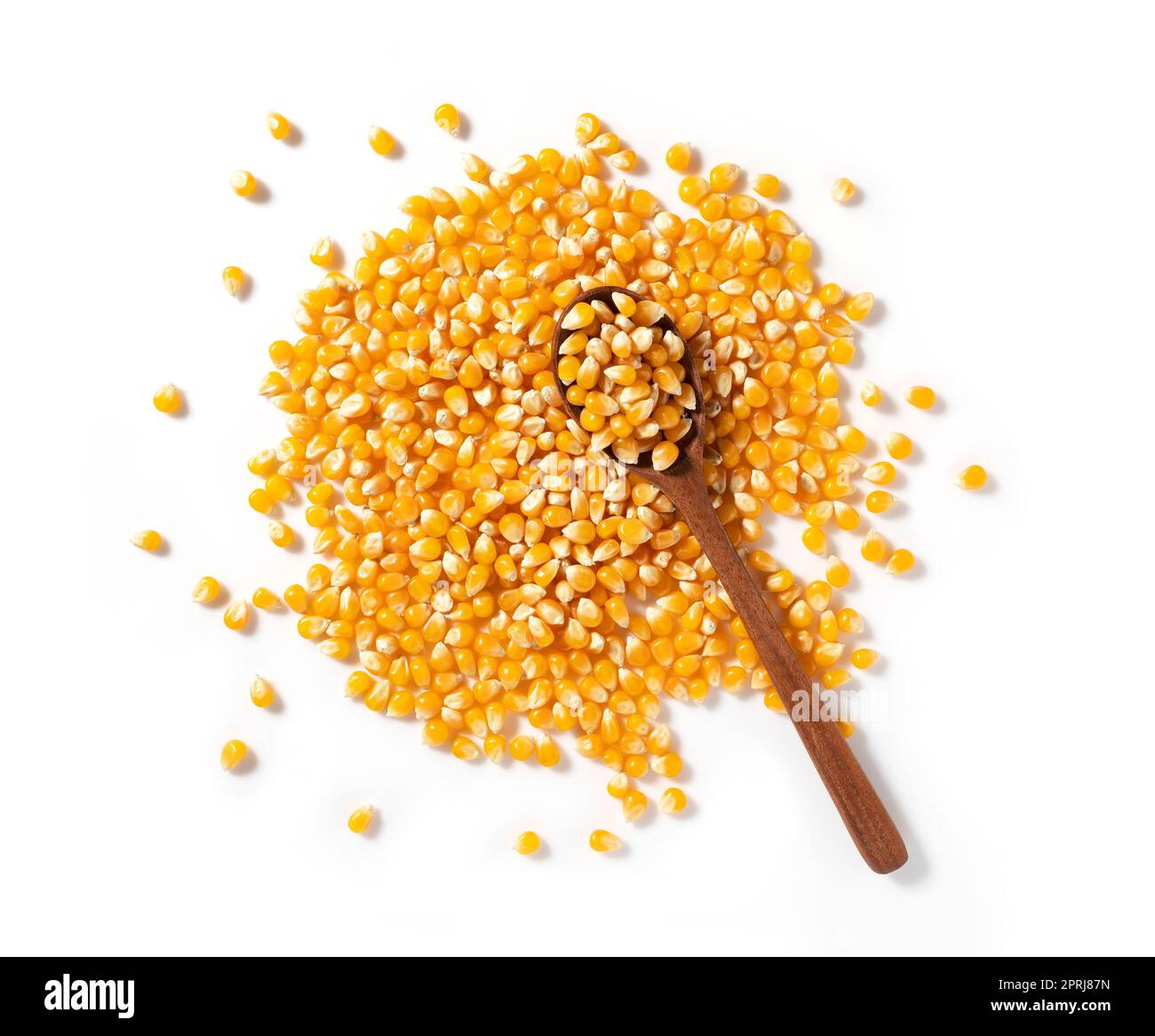 Dried corn kernels and wooden spoon placed on white background. Corn ...