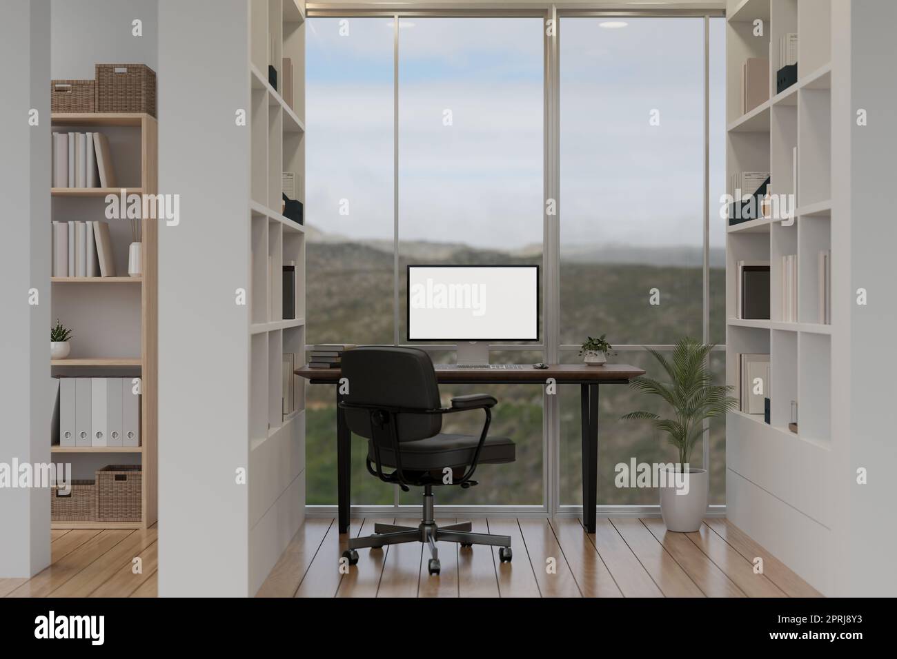 Modern minimal office room or home office interior design with computer ...