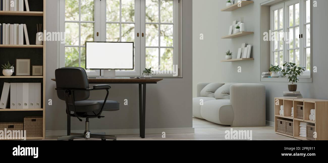 Minimal white home working space interior design with computer white ...