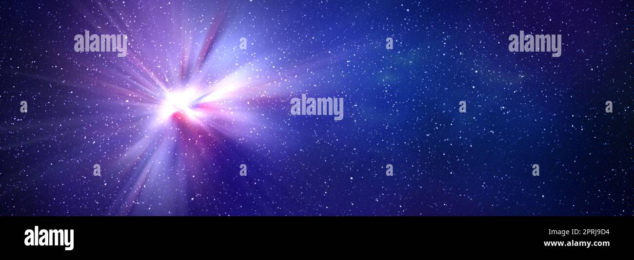 Burst of light in space. Night blue starry sky horizontal background ...