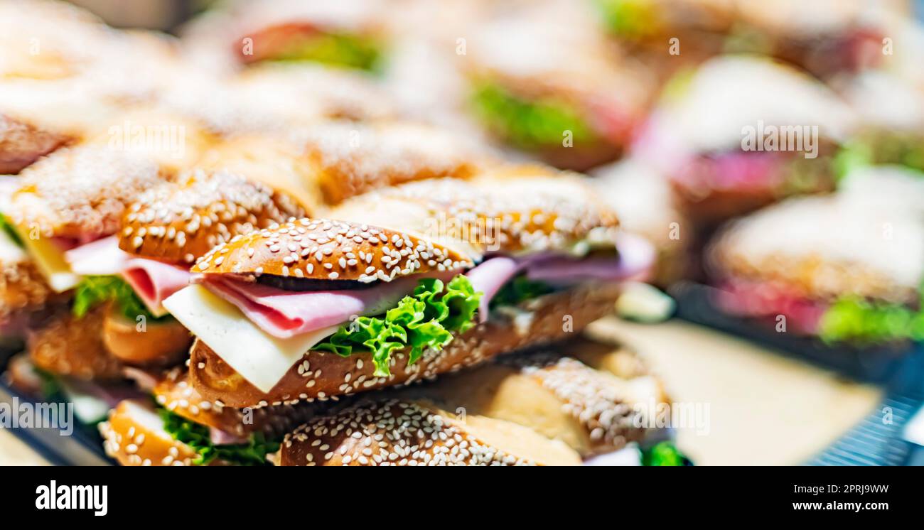 Freshly prepared sandwiches sold in a fast food restaurant Stock Photo ...