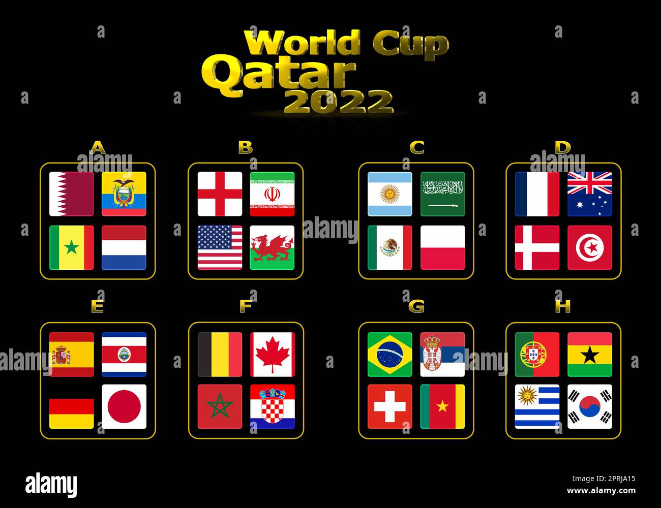 3d illustration groups of World Cup Qatar 2022 championship. All 32 ...