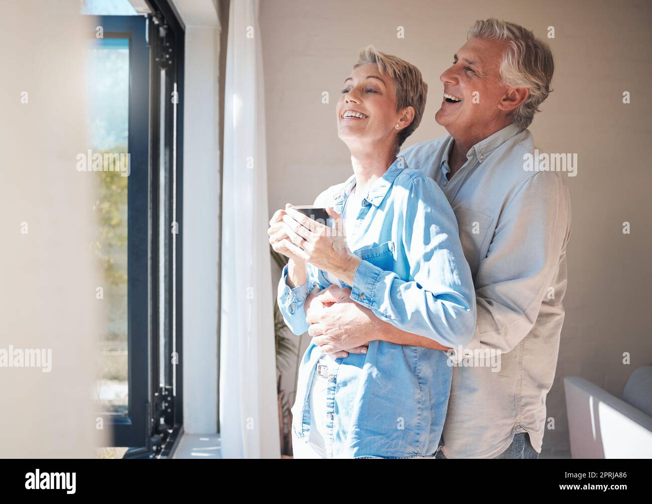 Retirement, coffee and window with couple in the morning happy and ...