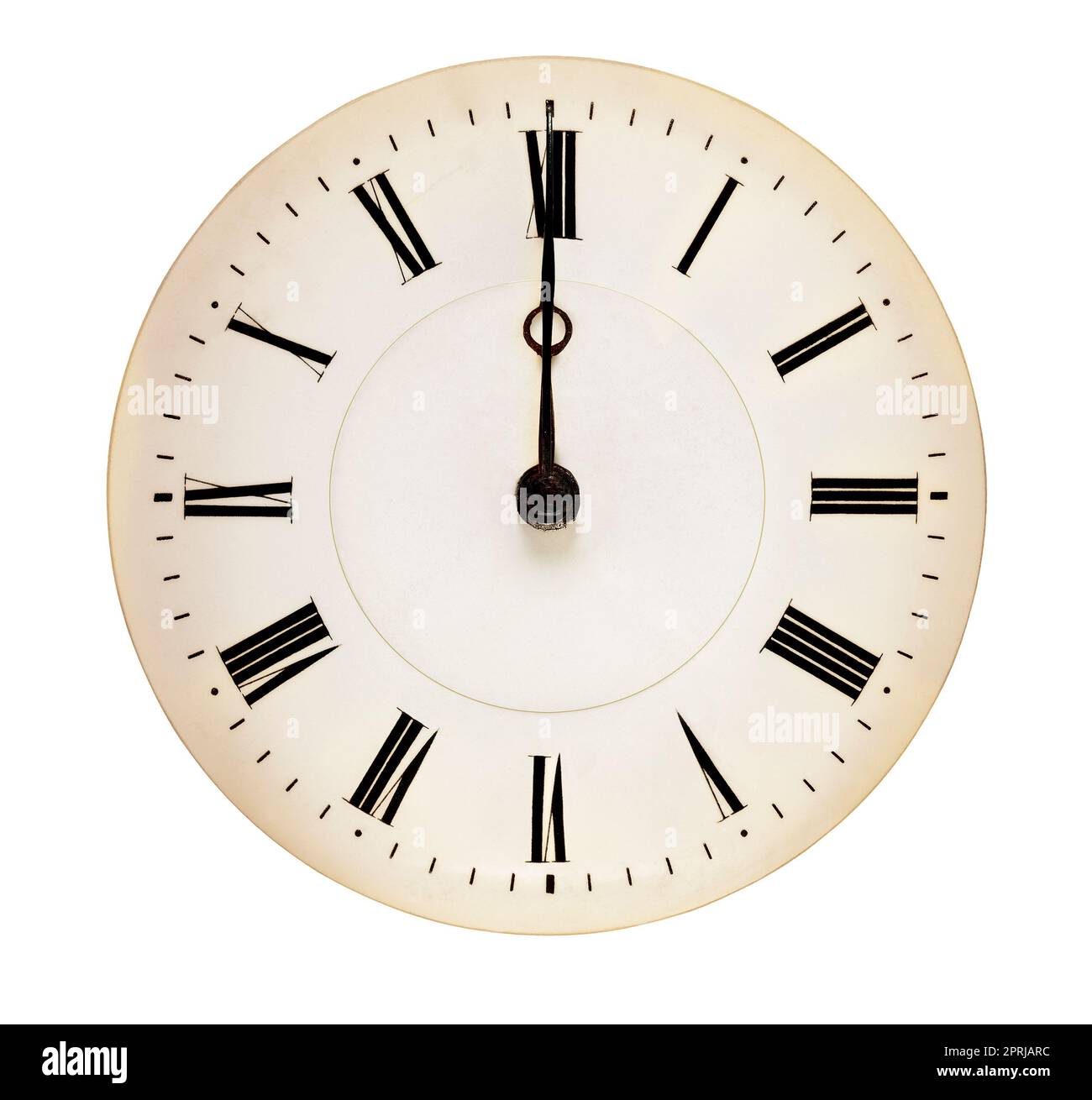 Antique clock face pointing at twelve o'clock isolated against white ...