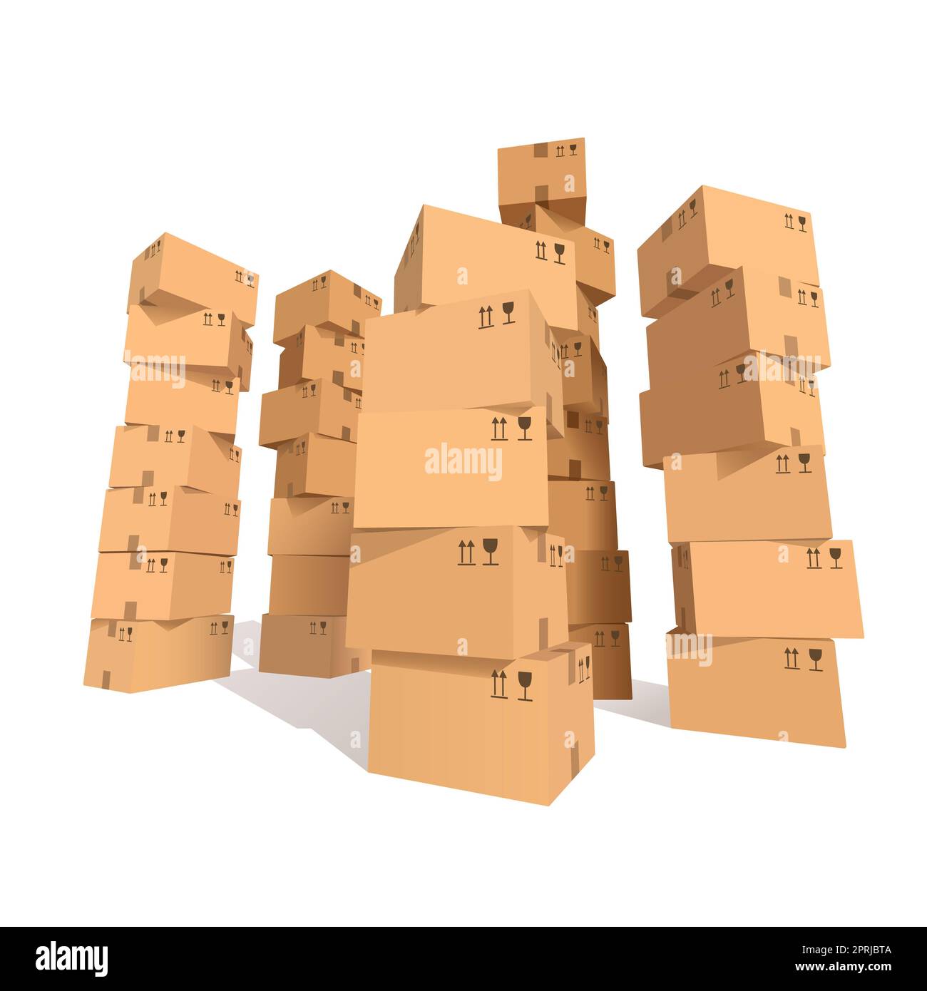 Cardboard boxes stacks. Stacked set of packages with symbols. Graphic ...