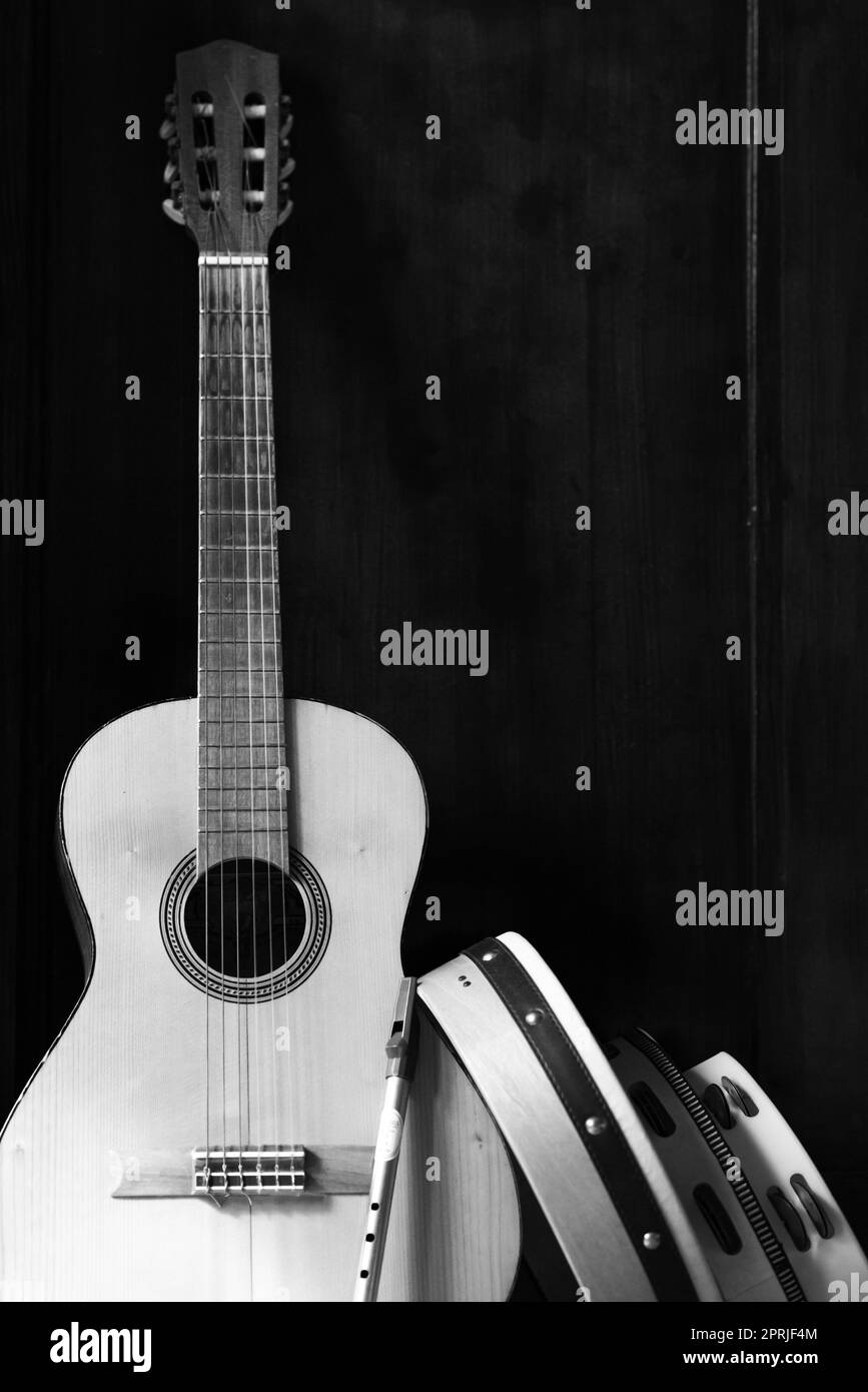 Black and white acoustic instruments background Stock Photo - Alamy