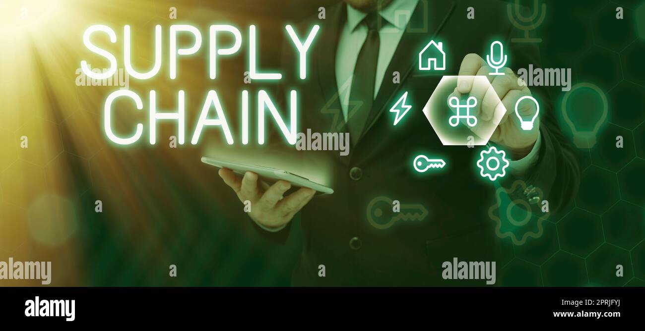 Hand writing sign Supply Chain, Business showcase System of ...