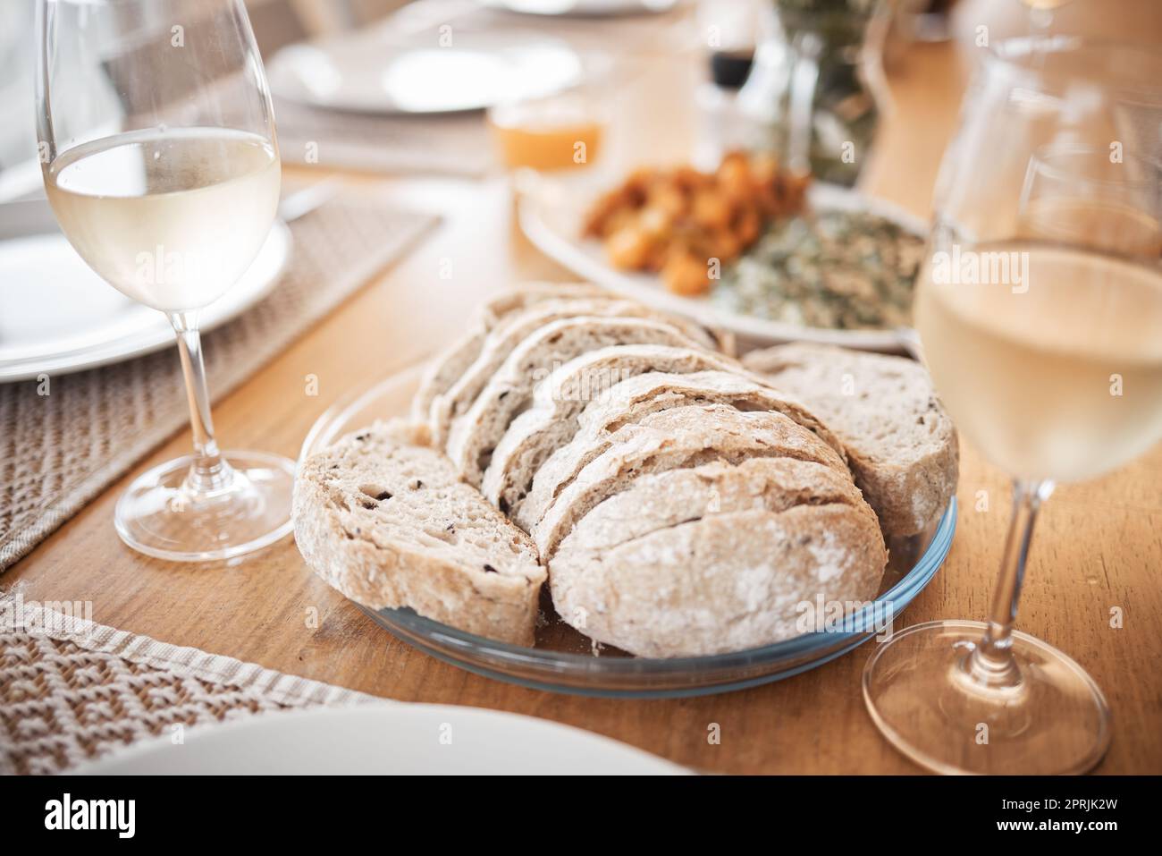 Sourdough bread, food and lunch meal for fine dining, eating and dinner ...