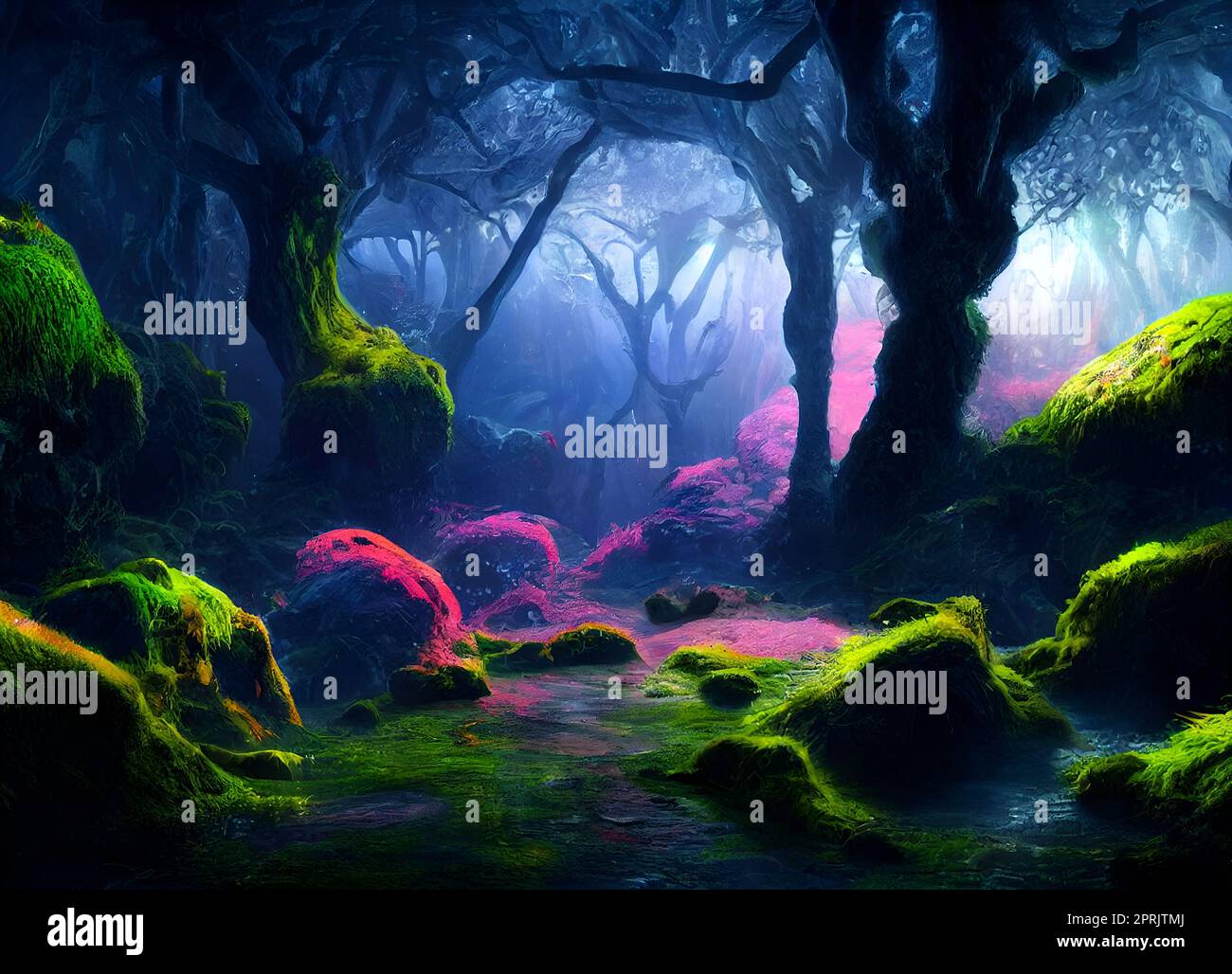 Magical fairytale forest covered of green moss. 3D illustration Stock ...