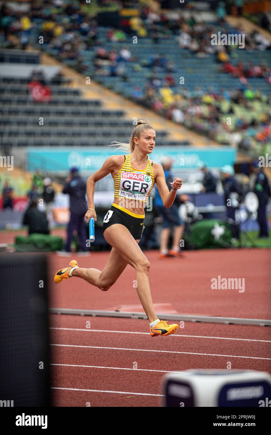 Alica Schmidt participating in the 4x400 meters relay of the European ...