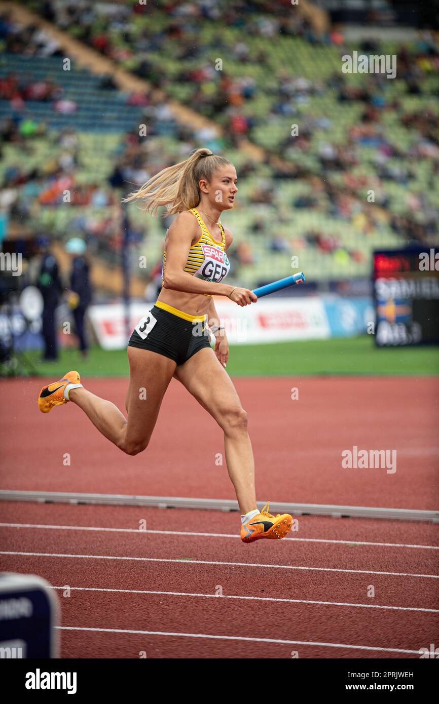 Alica Schmidt participating in the 4x400 meters relay of the European ...