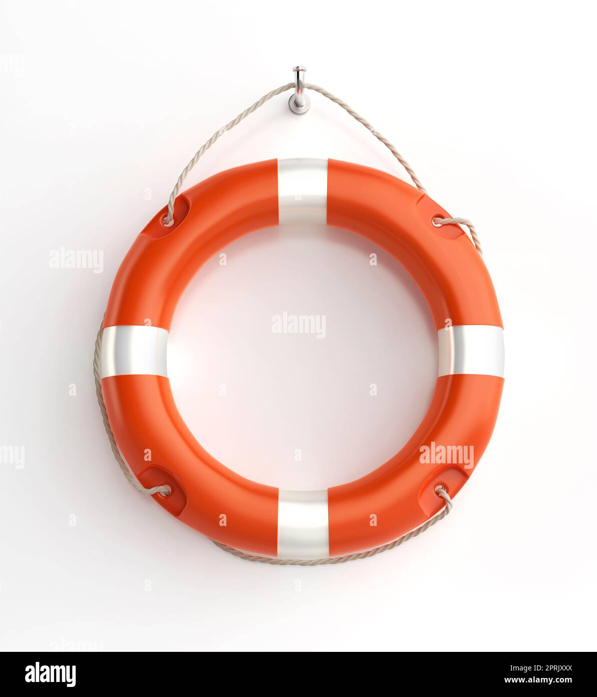 Orange lifebuoy ring hanged on a white wall, front view Stock Photo - Alamy