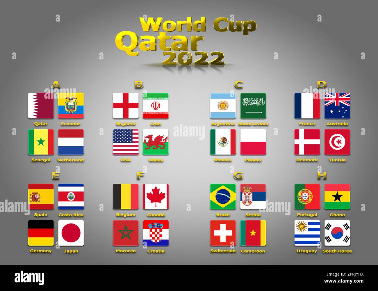 3d illustration groups of World Cup Qatar 2022 championship. All 32 ...