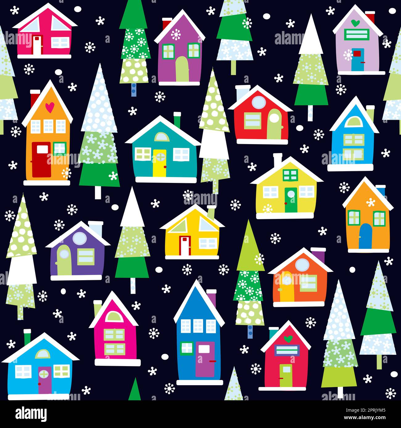 Winter background with cartoon colored houses Stock Photo - Alamy