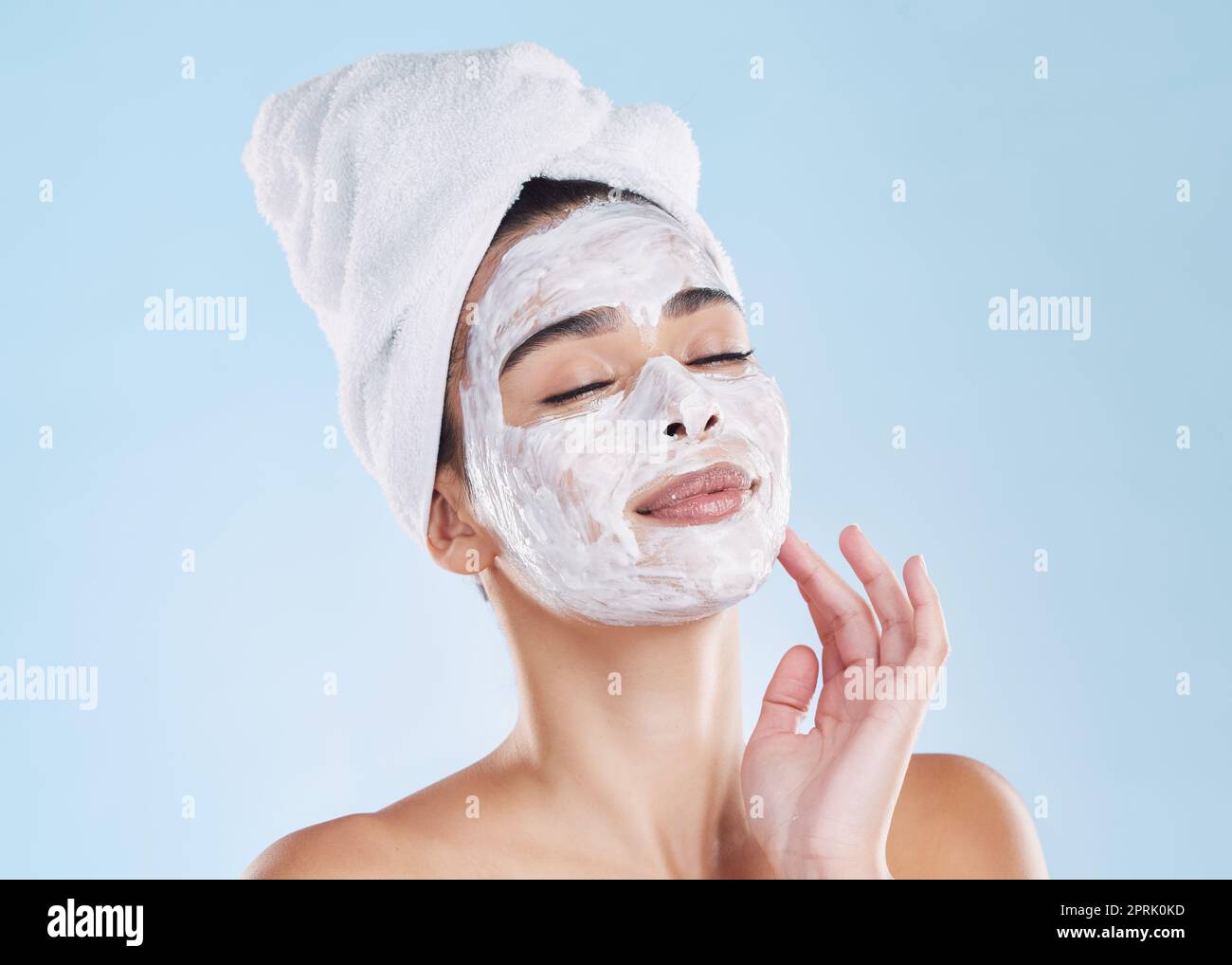 Skincare woman, beauty facial mask and cosmetics after fresh shower ...